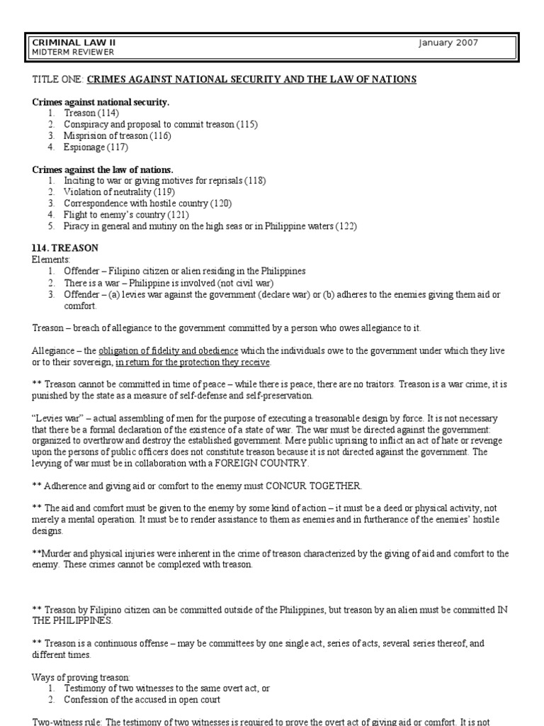 Philippine Revised Penal Code Book 2 Midterm Reviewer | PDF | Treason ...