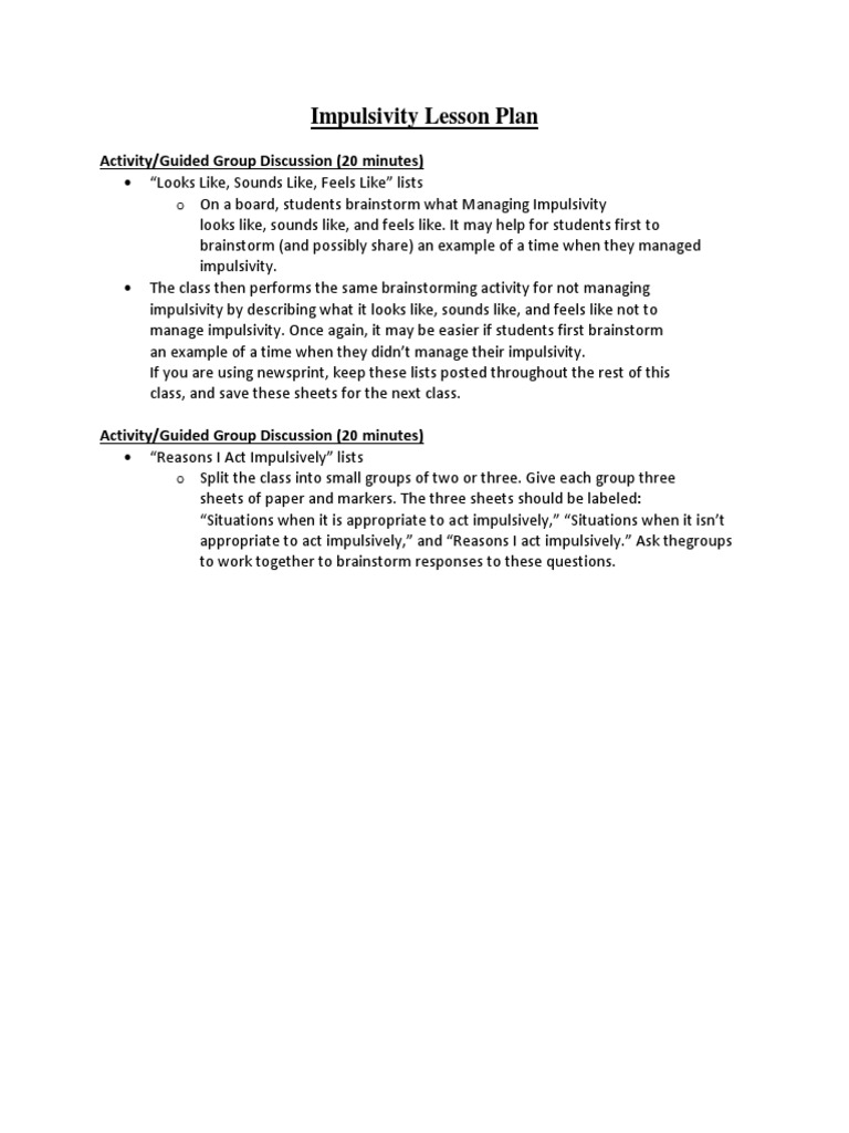 Impulsivity Lesson Plan: Activity/Guided Group Discussion (20 Minutes ...