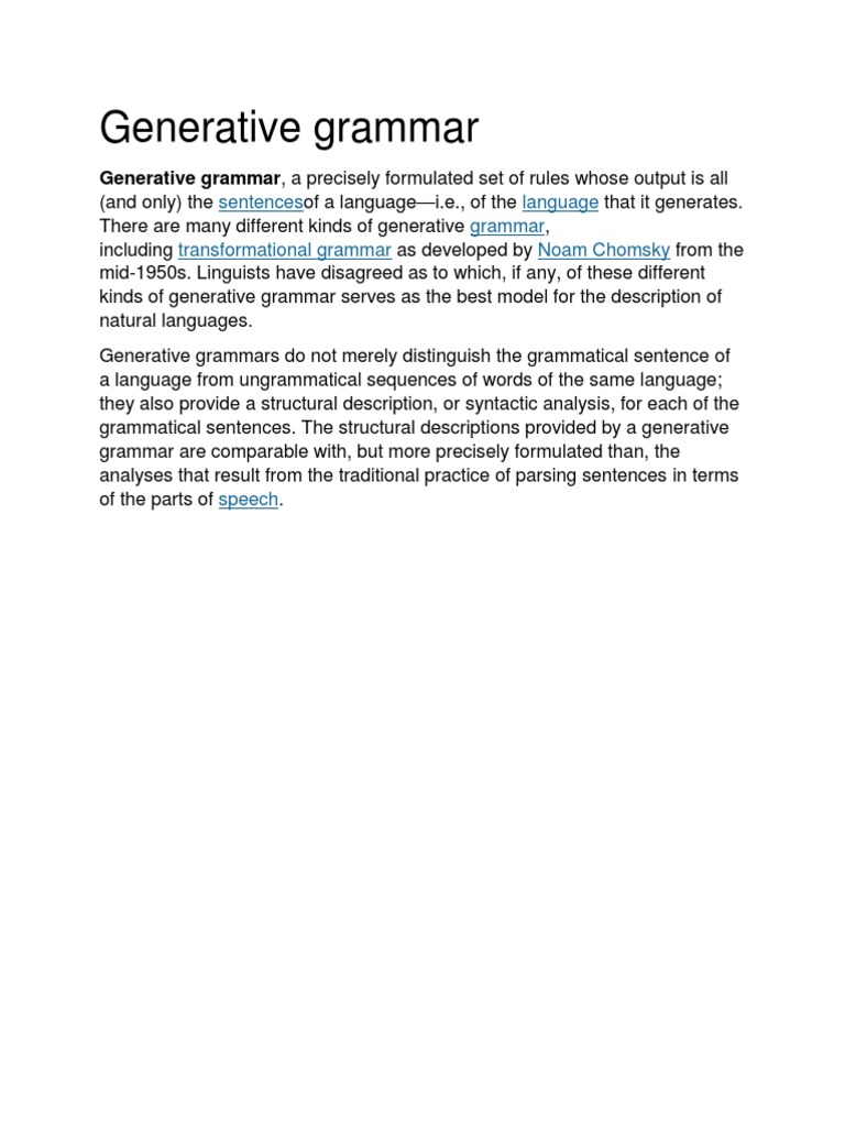 Generative Grammar: Sentences Language Grammar Transformational Grammar ...
