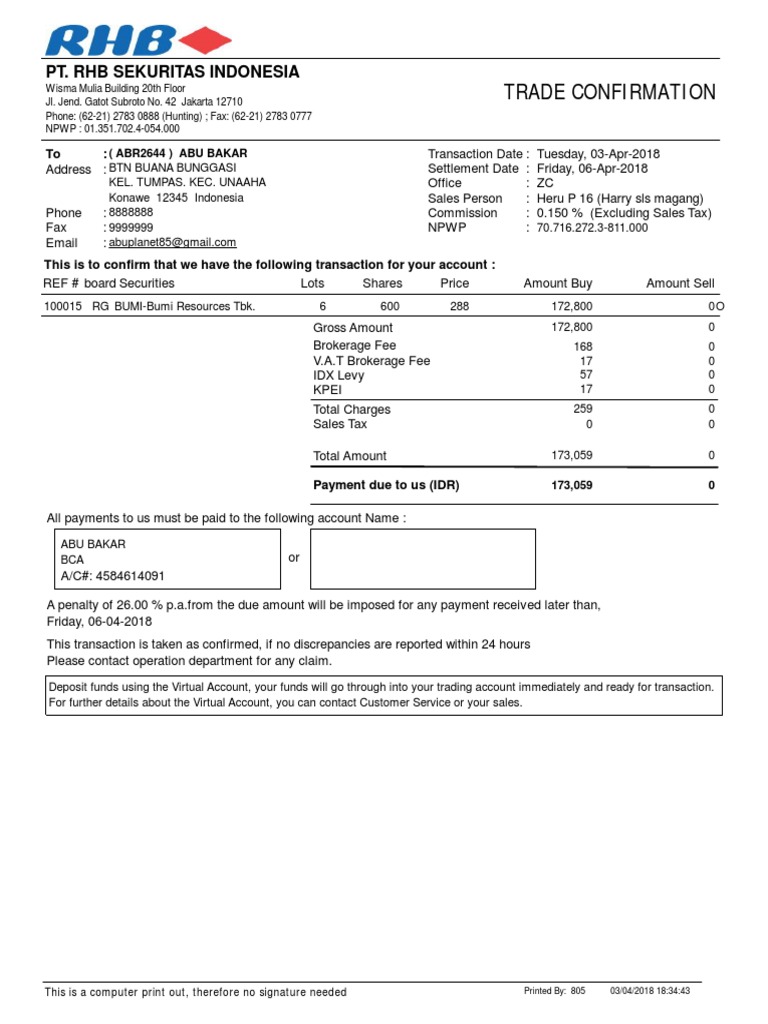 Trade Confirmation: Pt. RHB Sekuritas Indonesia | PDF | Taxes | Money