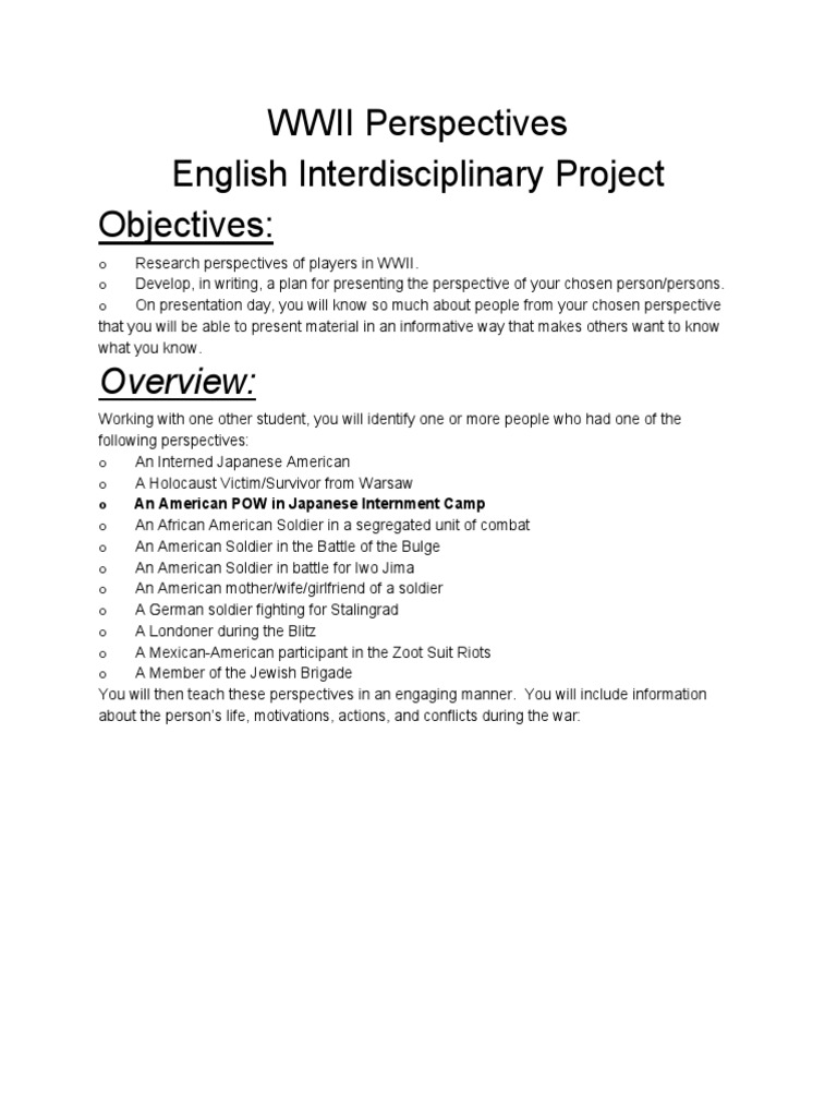 WWII Perspectives English Interdisciplinary Project Objectives | PDF ...