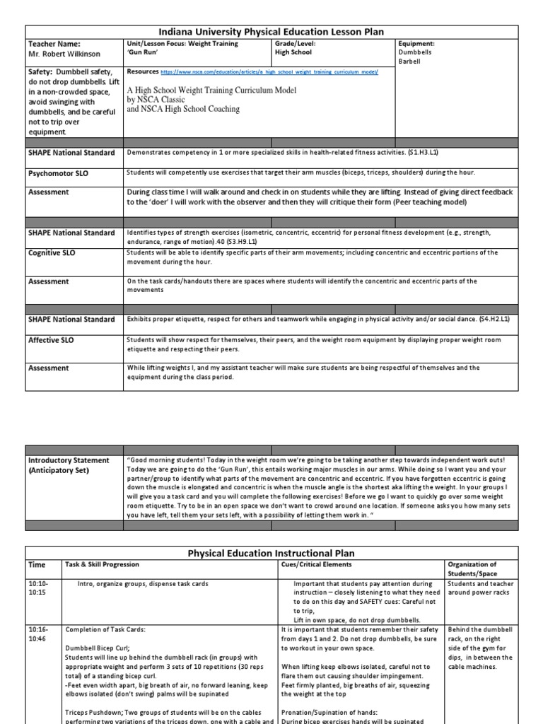 Indiana University Physical Education Lesson Plan: Teacher Name ...