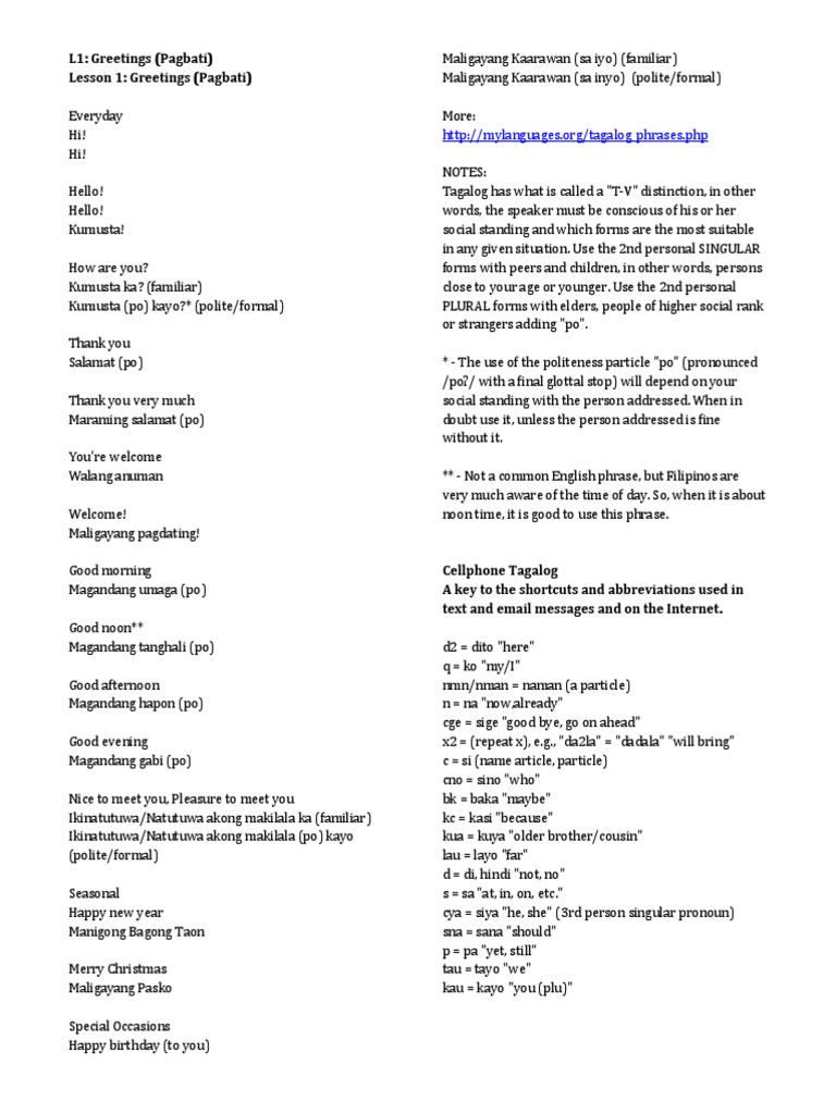 L1: Greetings (Pagbati) Lesson 1: Greetings (Pagbati) | PDF | Tagalog ...