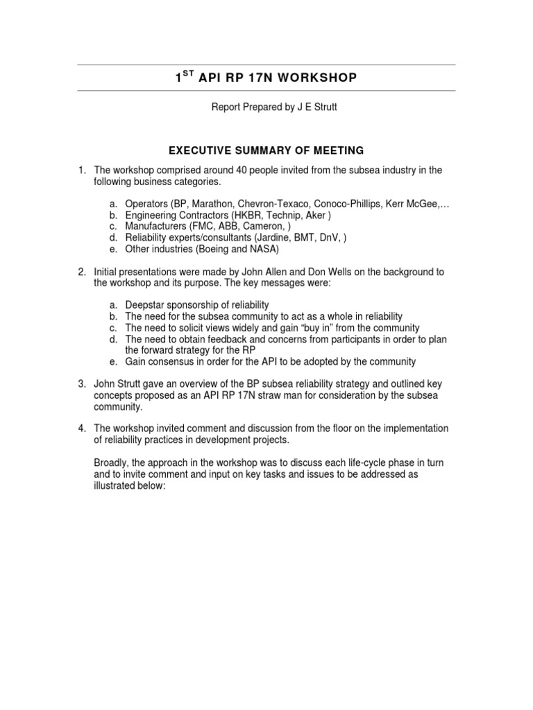 1 Api RP 17N Workshop: Executive Summary of Meeting | PDF | Reliability ...