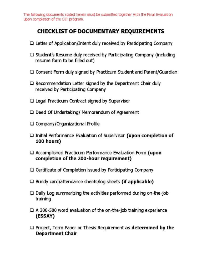 Checklist of Documentary Requirements: 100 Hours) | PDF