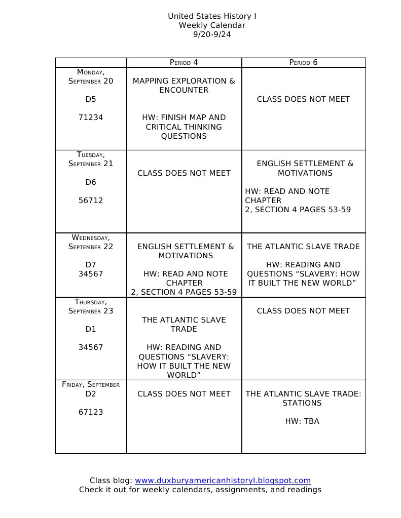 US History I Weekly Calendar 9/20-9/24 | PDF