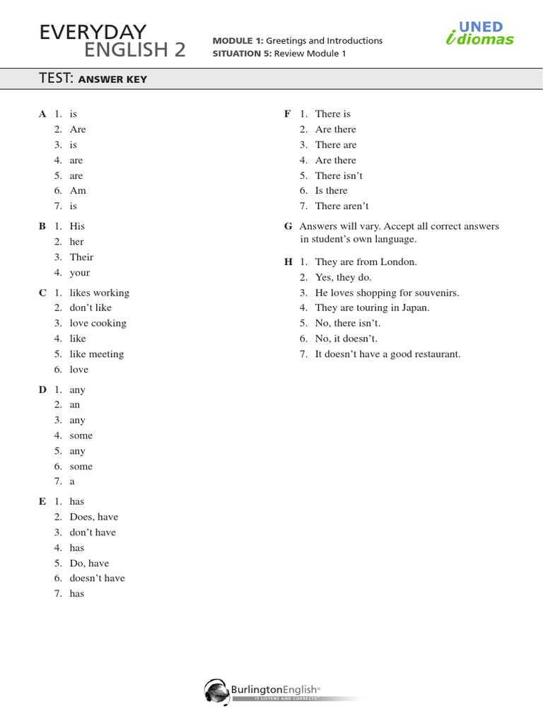Everyday English 2 - Module 1 - Situation 5 - Test - Teacher | PDF