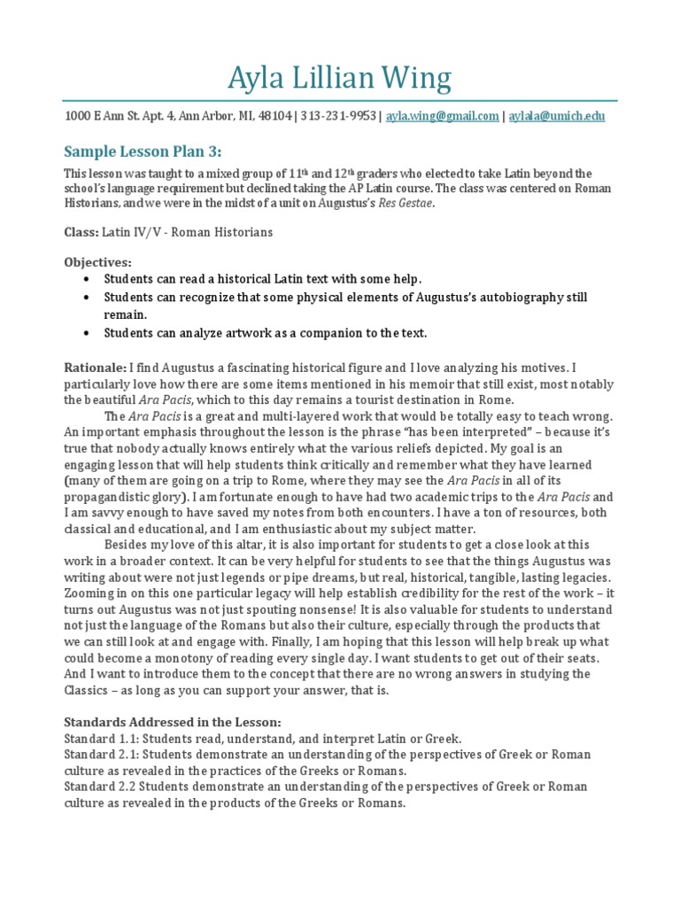 Ayla Lillian Wing Sample Lesson Plan 3 Pdf Aeneas Augustus