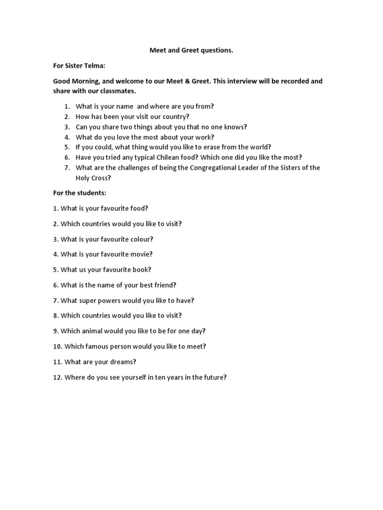 Meet and Greet Questions | PDF | Self-Improvement