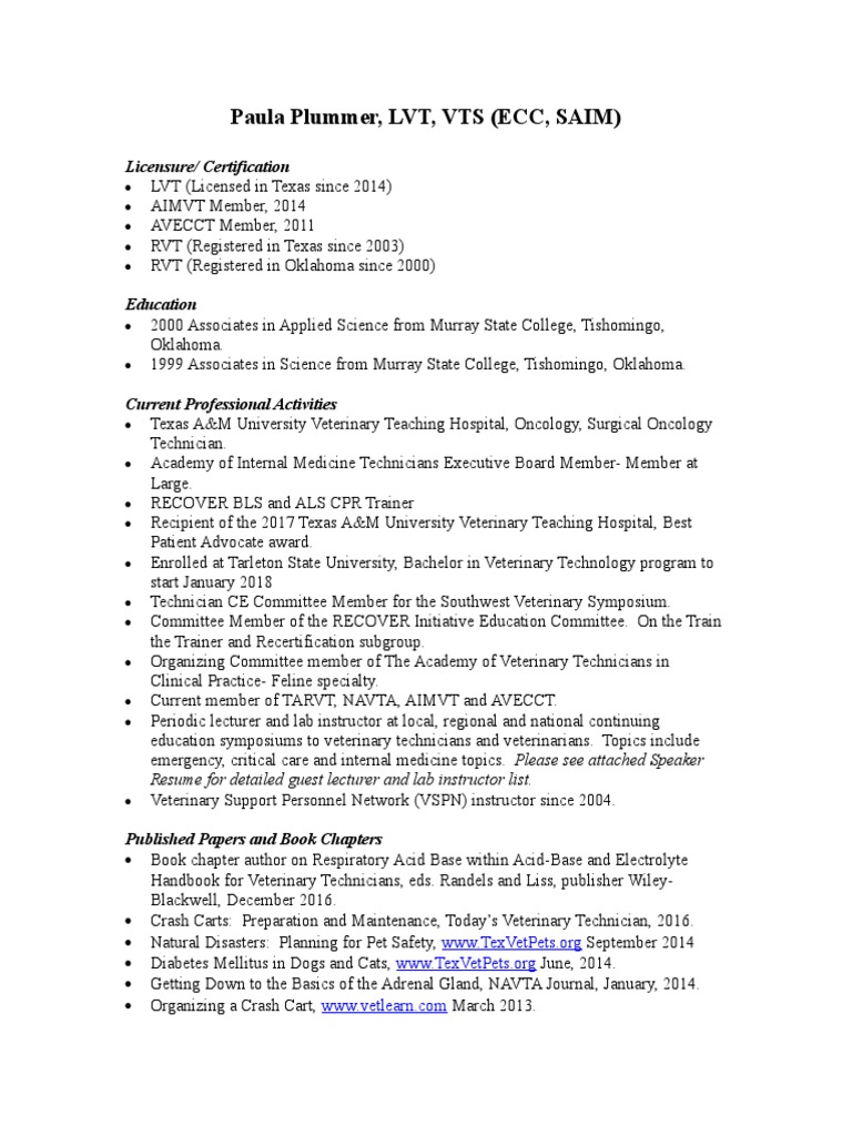 Paula Plummer CV Tarleton | PDF | Paraveterinary Workers | Veterinary Physician