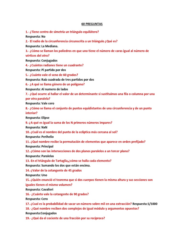 60 Preguntas de Matemáticas con Respuestas | PDF | Triángulo | Logaritmo