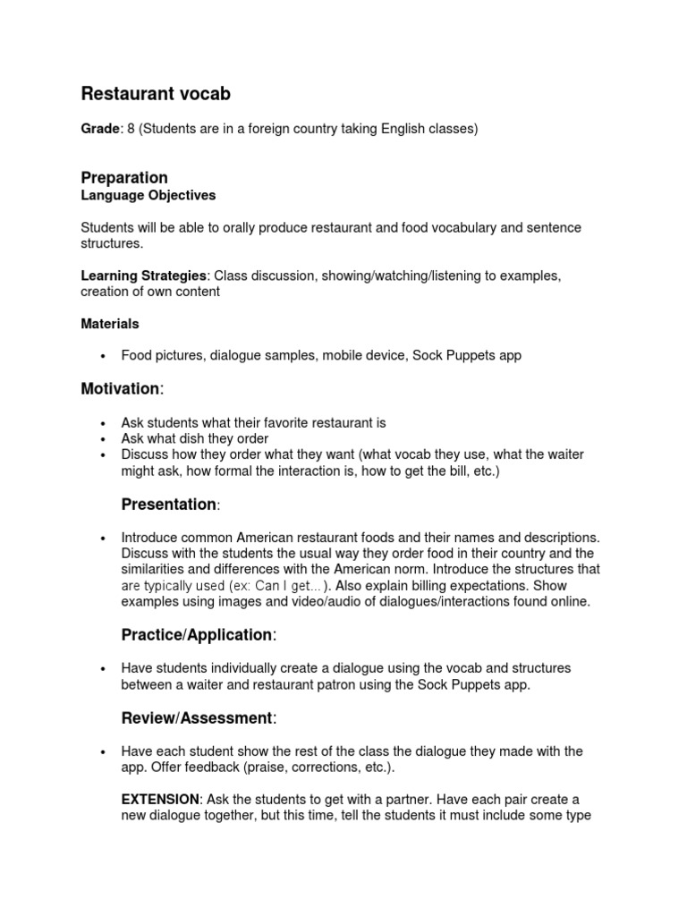 Restaurant Vocab | PDF | Vocabulary | Restaurants