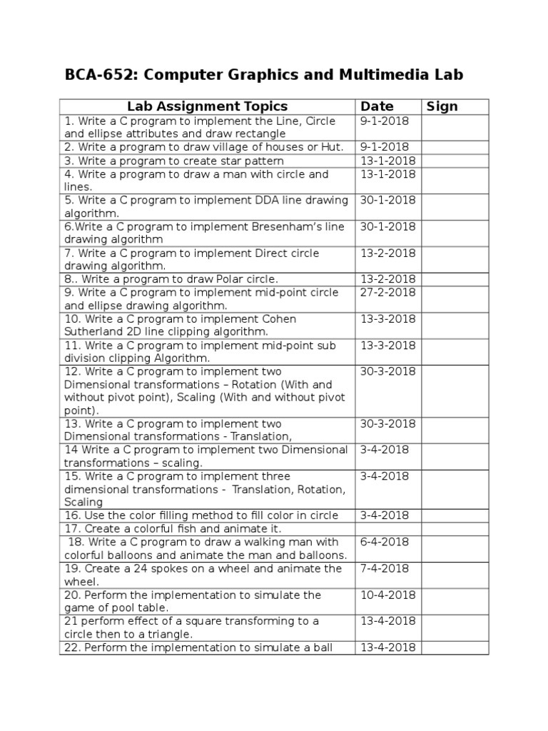 BCA-652: Computer Graphics and Multimedia Lab: Lab Assignment Topics ...