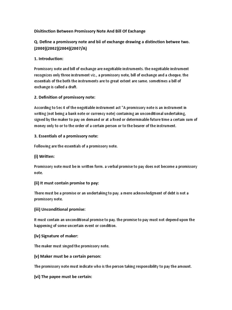 Distinction Between Promissory Note and Bill of Exchange | PDF ...