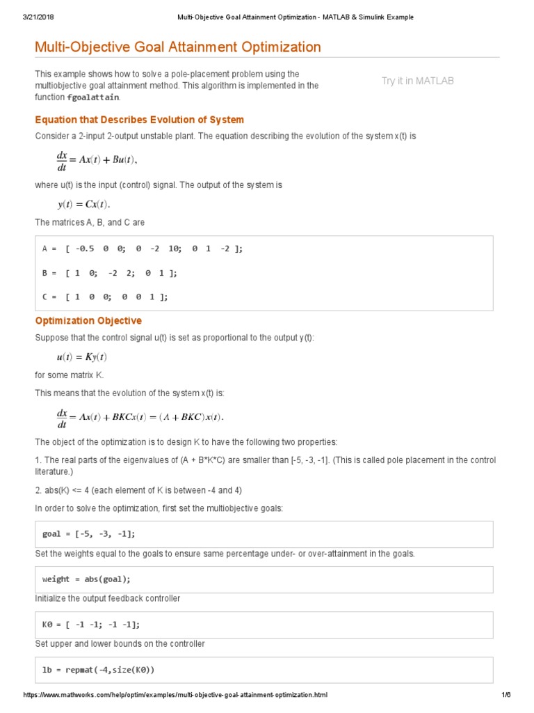 Multi-Objective Goal Attainment Optimization - MATLAB & Simulink Example | PDF | Mathematical ...