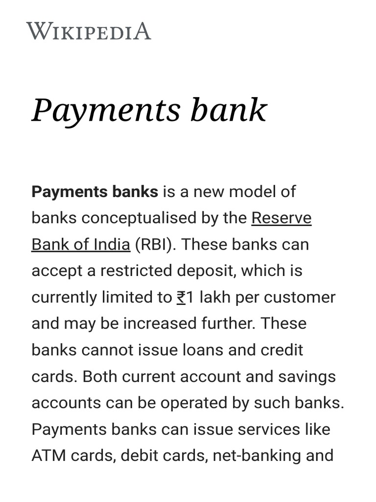 Payments Bank - Wikipedia | PDF | Banking | Money