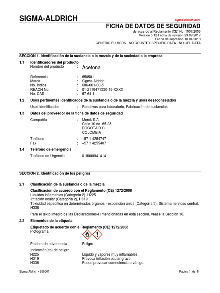 Ficha Seguridad Acetona | PDF | Toxicidad | Agua