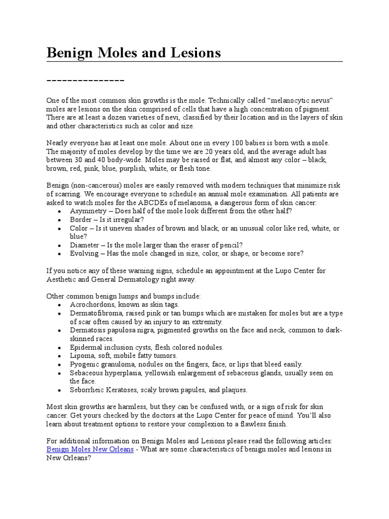 Benign Moles and Lesions | PDF | Cutaneous Conditions | Dermatology