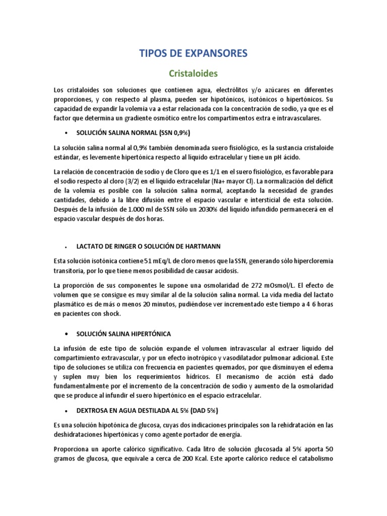 Tipos de Expansores de Volumen | PDF | Solución salina (medicina) | Sodio