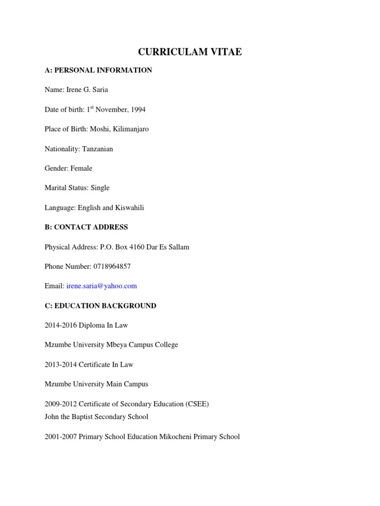Irene G. Saria - Tanzanian Legal Professional CV | PDF | Law