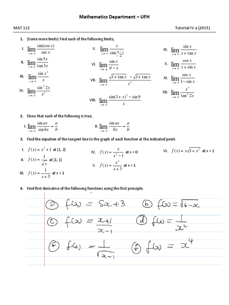 Mathematics Department MAT112 Tut 4a 2015 | PDF | Trigonometric ...
