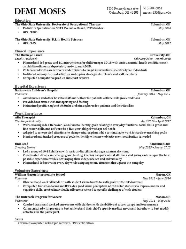 Demi Moses Resume | PDF | Occupational Therapy | Clinical Psychology