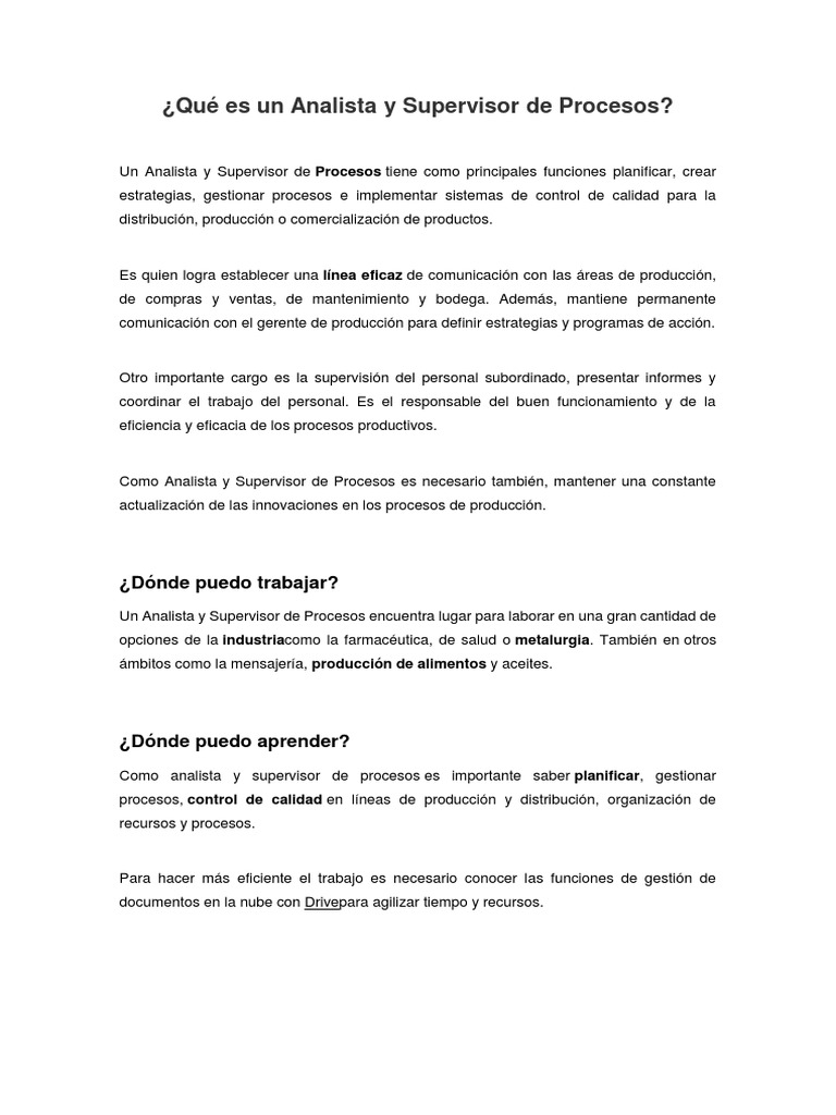Qué Es Un Analista y Supervisor de Procesos | PDF