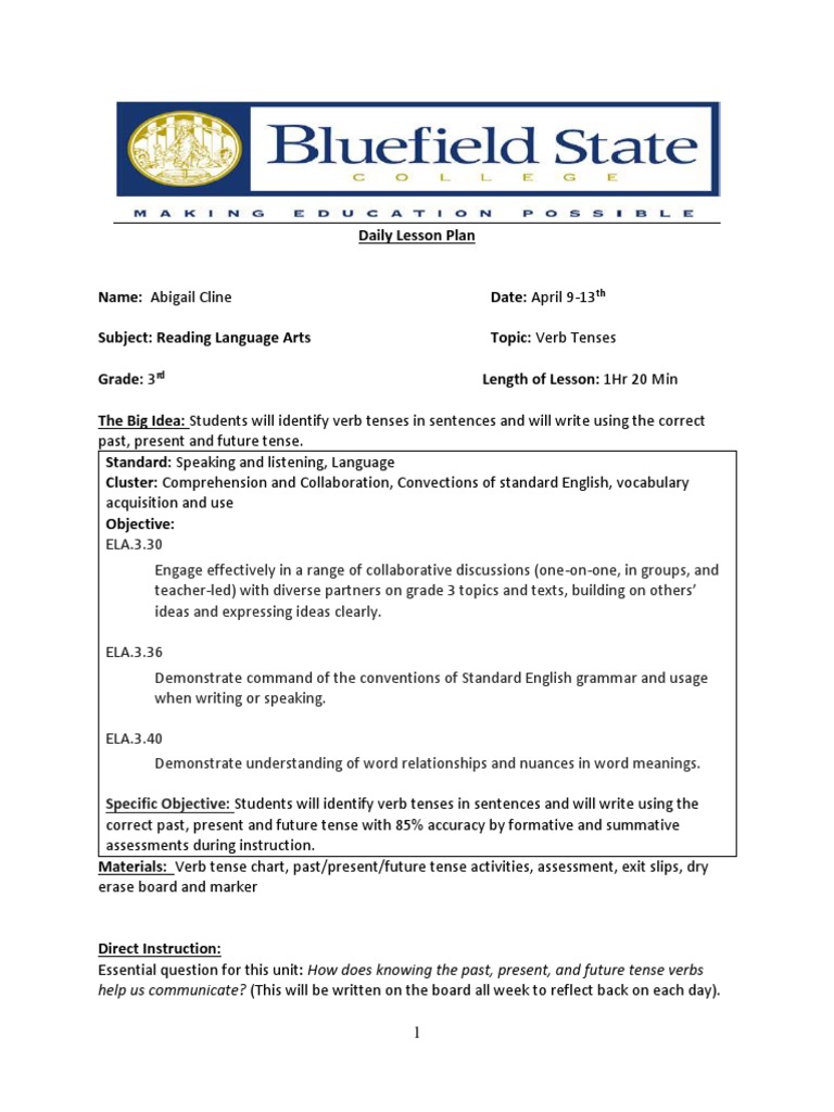3rd Grade Verb Tense Unit | PDF | Grammatical Tense | Educational ...