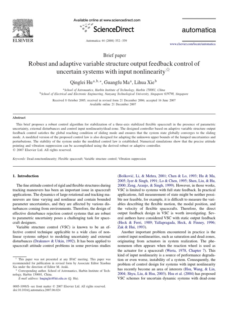 Robust And Adaptive Variable Structure Output Feedback Control Of Uncertain Systems With Input