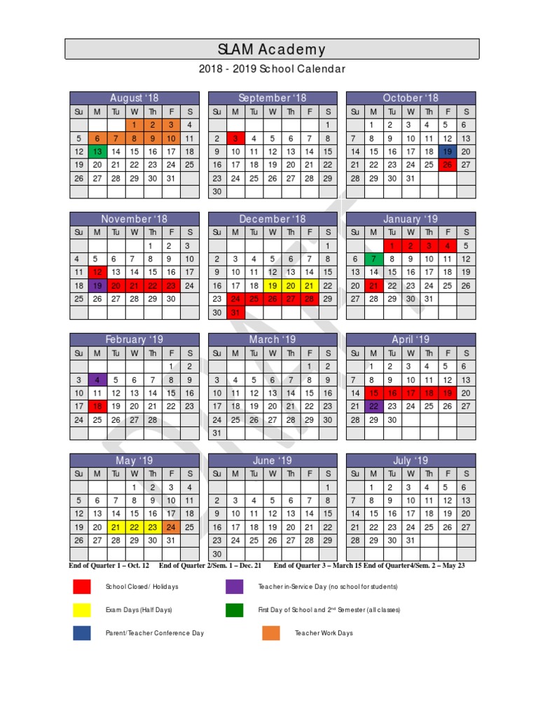 SLAM Academy Calendar 2018-2019 | PDF | Sports | Violence