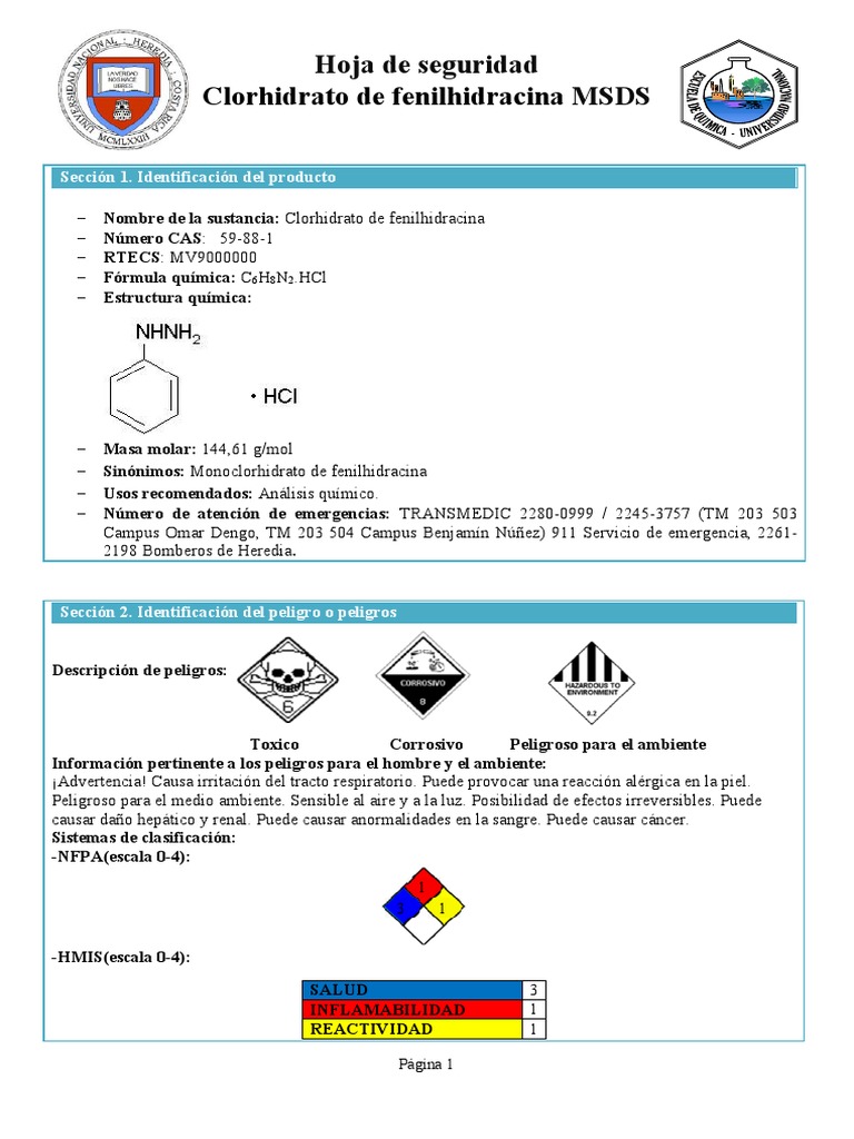 Hoja de Seguridad: Clorhidrato de Fenilhidrazina | PDF | Ácido ...
