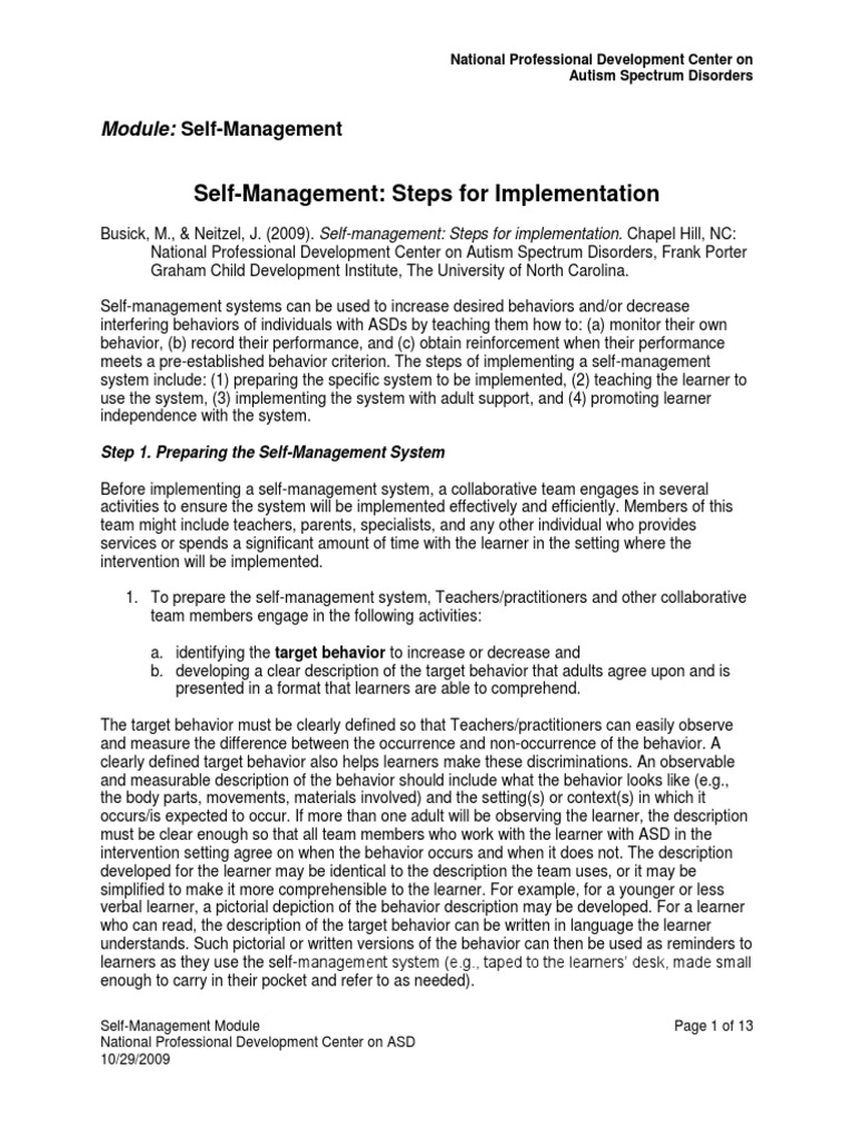 Selfmanagement Steps | PDF | Reinforcement | Autism Spectrum