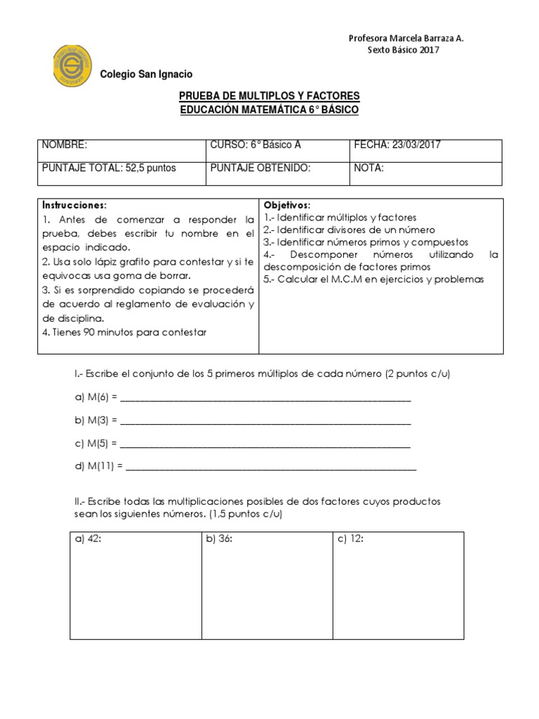 Prueba de Múltiplos y Factores 6° Básico | PDF | Número primo ...