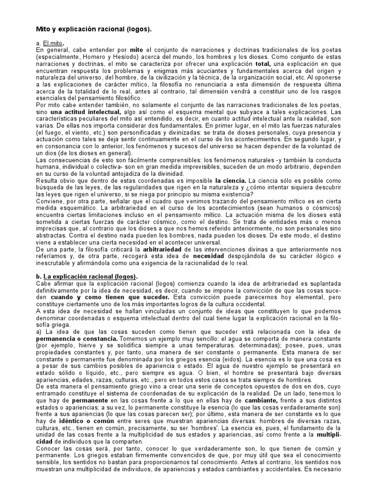 Mito y explicación racional en filosofía | PDF | Conocimiento | Razón