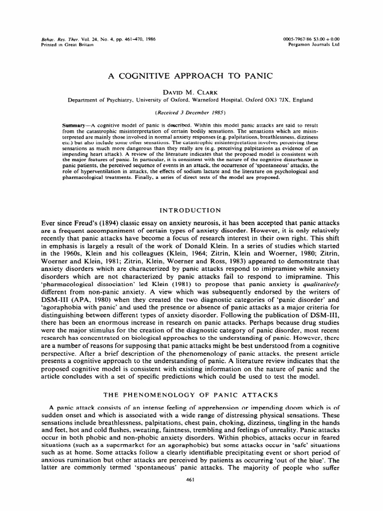 A Cognitive Approach To Panic de David M. Clark 1986 | PDF | Panic ...