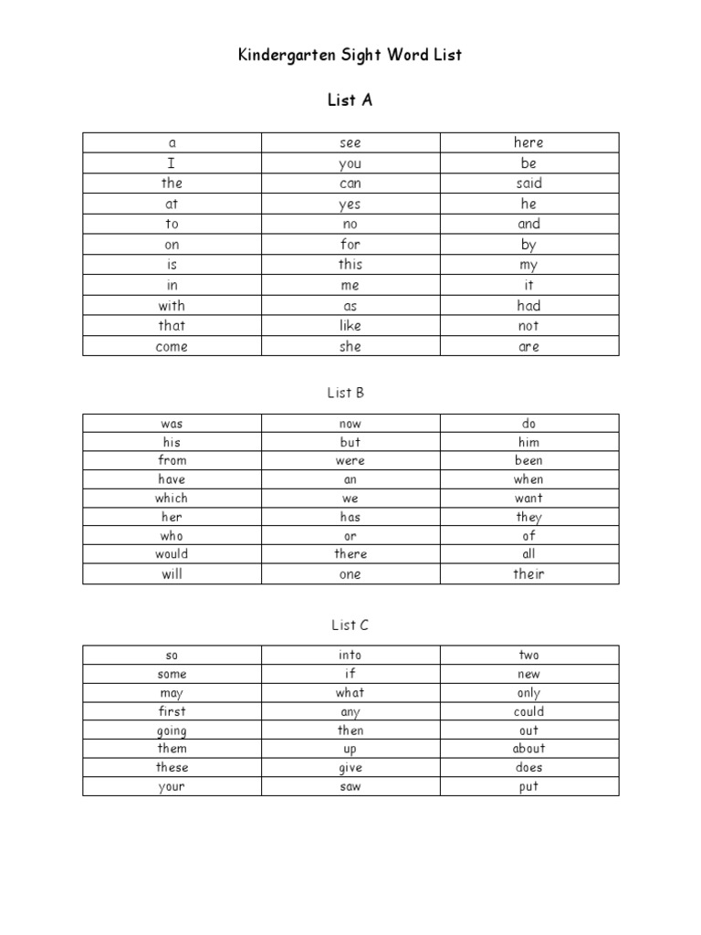 Kindergarten Sight Words Lists A-C | PDF