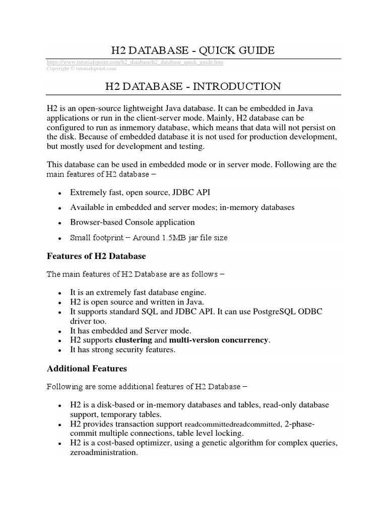 H2 Database - Quick Guide H2 Database - Introduction | Download Free ...
