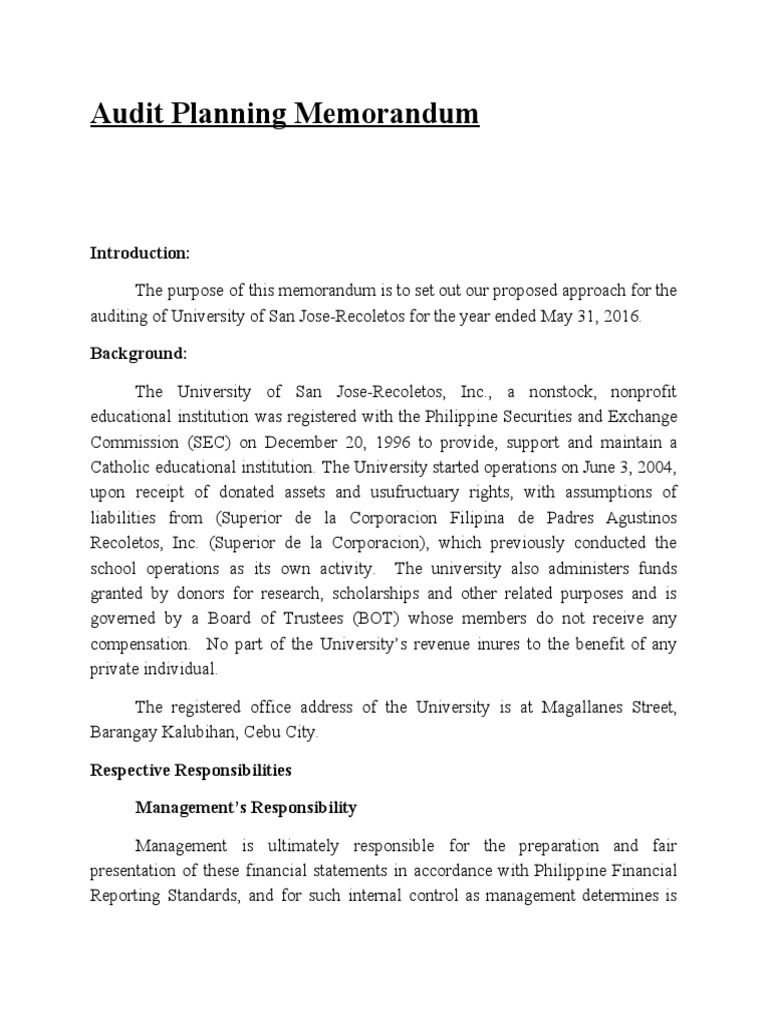 Audit Planning Memorandum USJR | PDF | Financial Audit | Service Industries