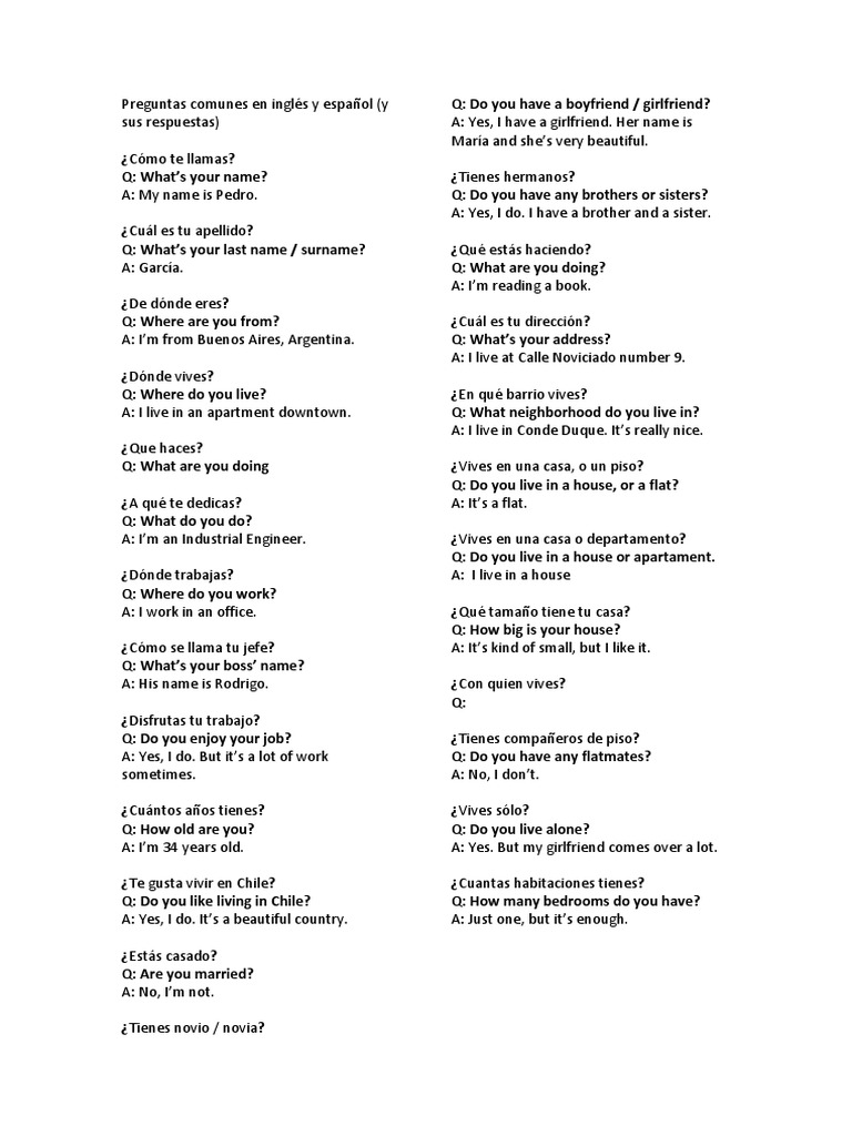 Preguntas Comunes en Inglés y Español | Entretenimiento (general)