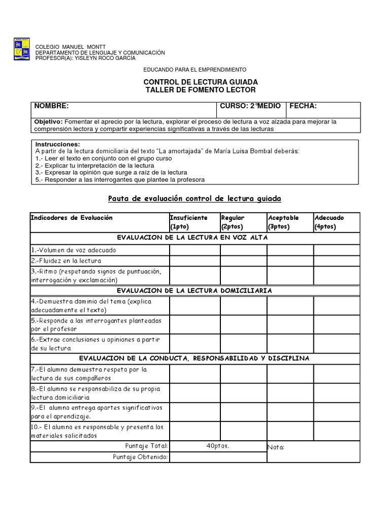 Pauta de Evaluación Control de Lectura Guiada 2°medio | PDF