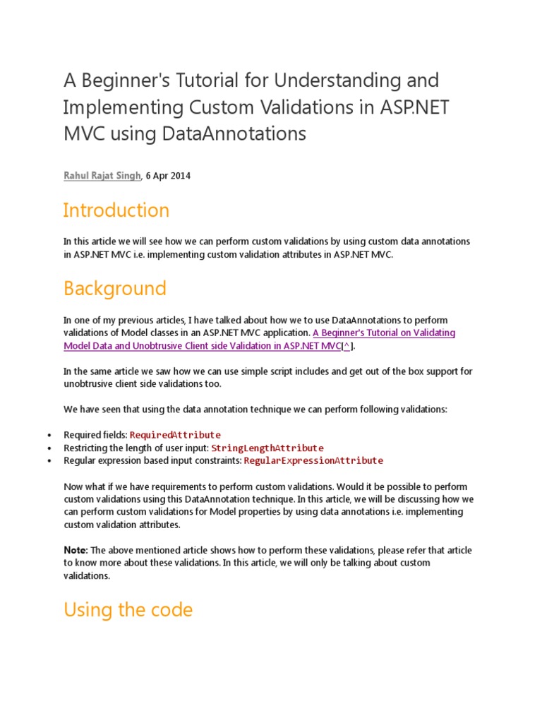 Understanding and Implementing Custom Validations in ASP - Net MVC Using DataAnnotations | PDF ...