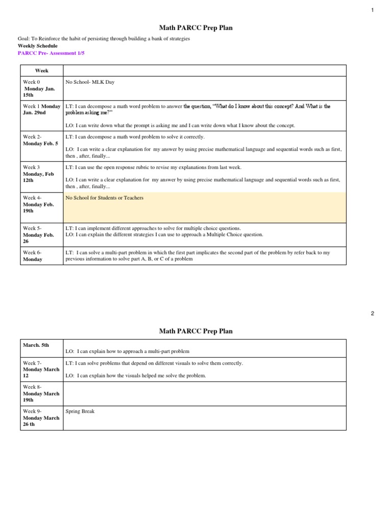 Math PARCC Prep Weekly Schedule | PDF | Career & Growth
