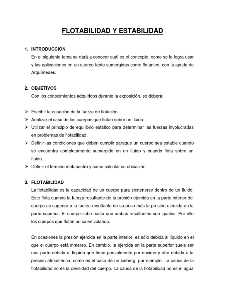 Flotabilidad y Estabilidad en Fluidos | PDF | Aceleración | Cantidades fisicas