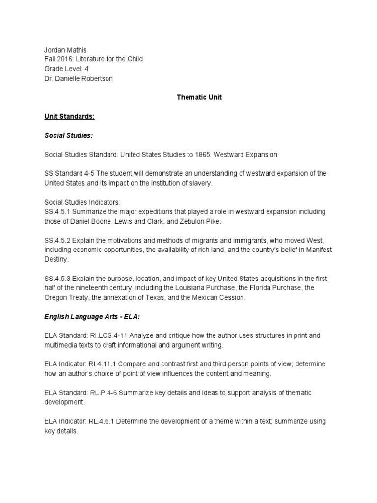 Thematic Unit Project - Jordan Mathis | PDF | Educational Assessment ...