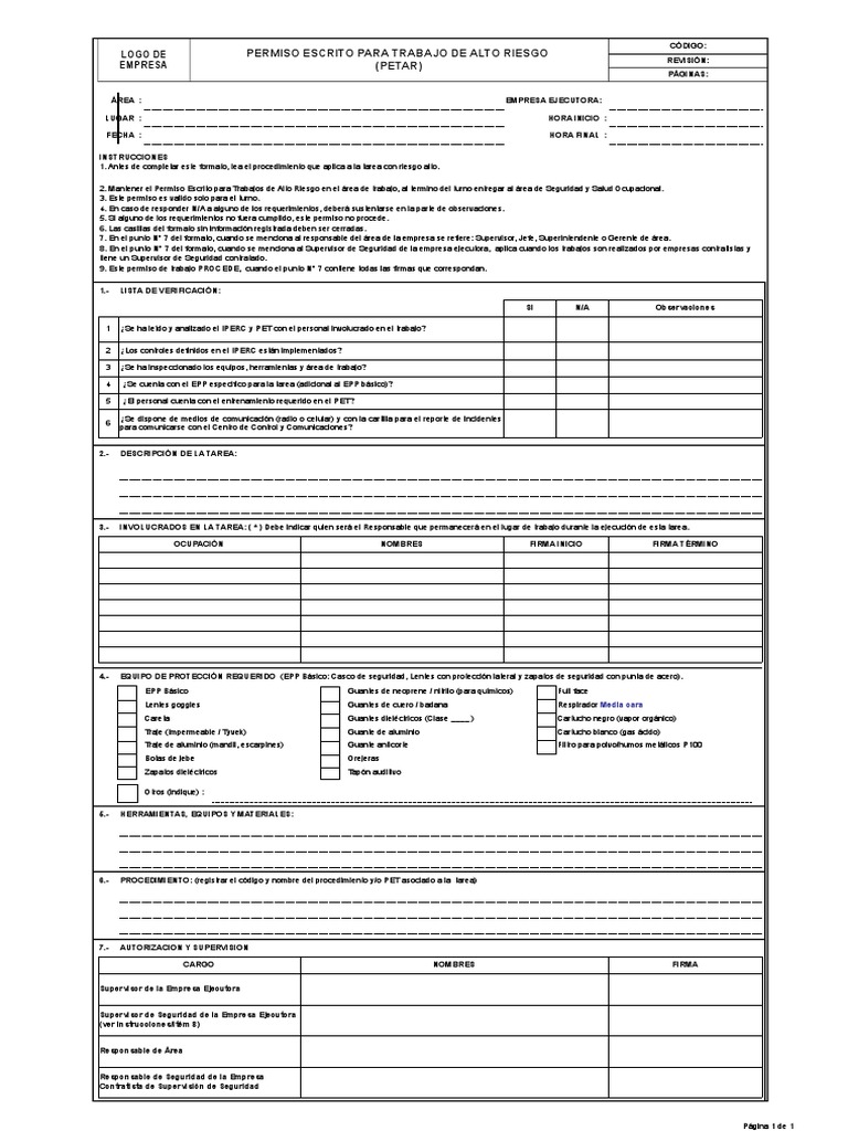 Descarga Permiso Escrito para Trabajo de Alto Riesgo Petar | PDF