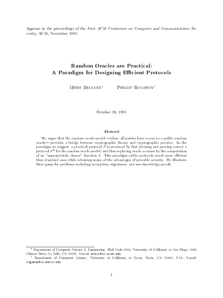 Random Oracles Are Practical: A Paradigm For Designing Ecient Protocols | PDF | Cryptography ...