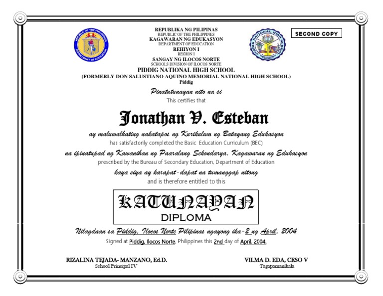 Piddig National High School Diploma Copy | PDF