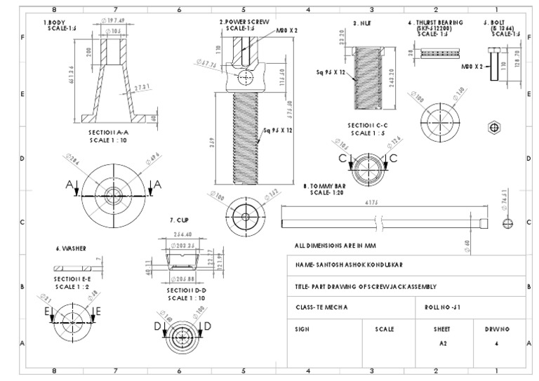 Screw Jack Assembly Drawing with Dimensions | PDF | Metalworking | Screw