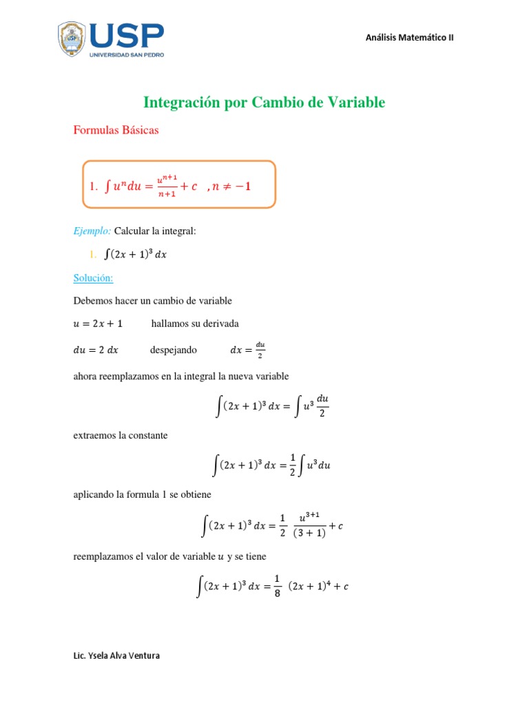 Integración Por Cambio de Variable | PDF | Integral | Fórmula