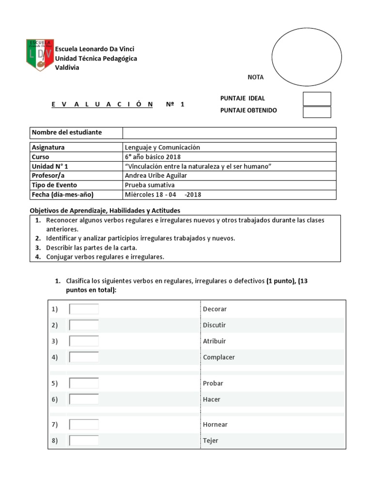 Prueba de Verbos y Participios Irregulares Además de Carta | PDF | Verbo